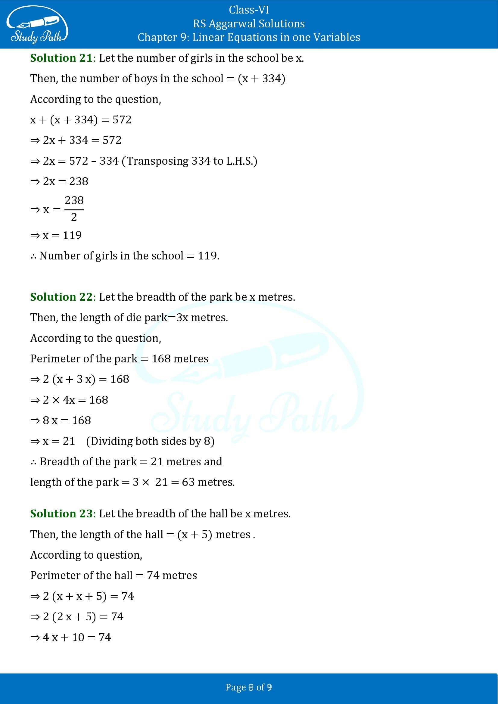 RS Aggarwal Class 6 Solutions Exercise 9C Chapter 9 Linear Equations In