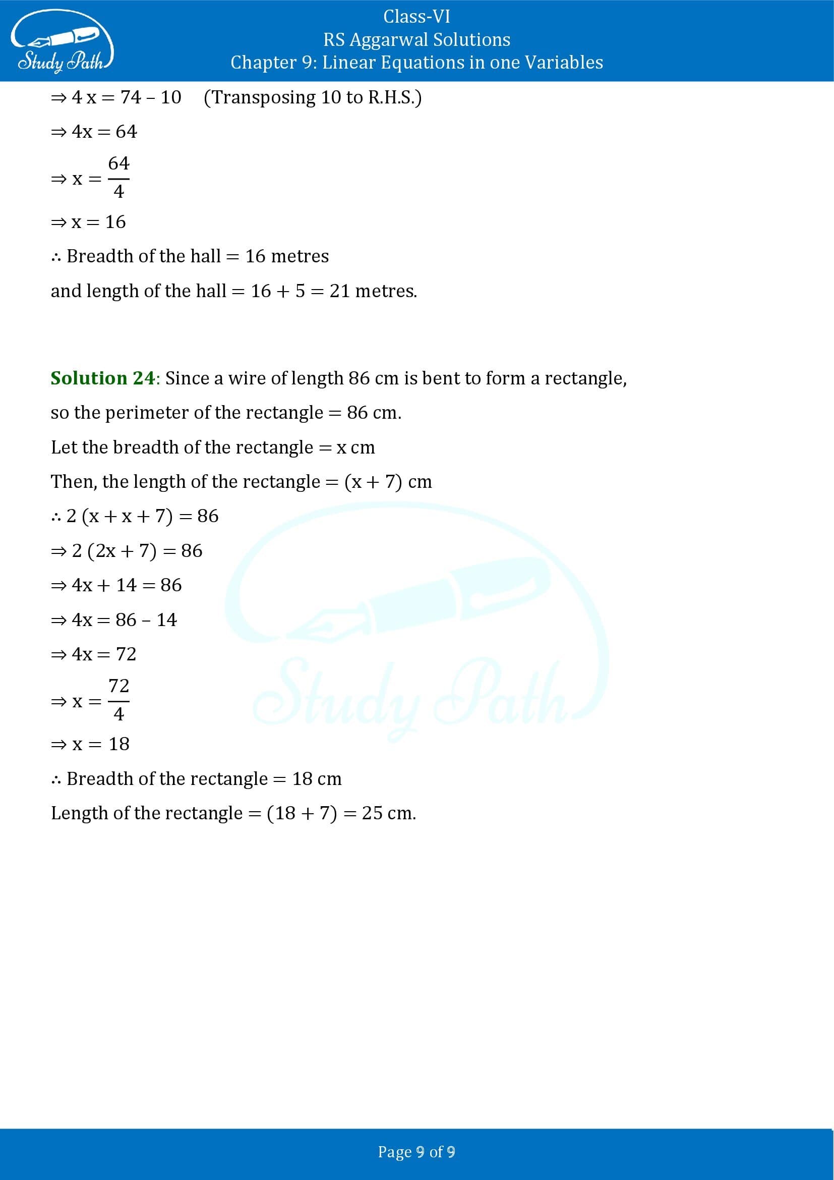 RS Aggarwal Class 6 Solutions Exercise 9C Chapter 9 Linear Equations In