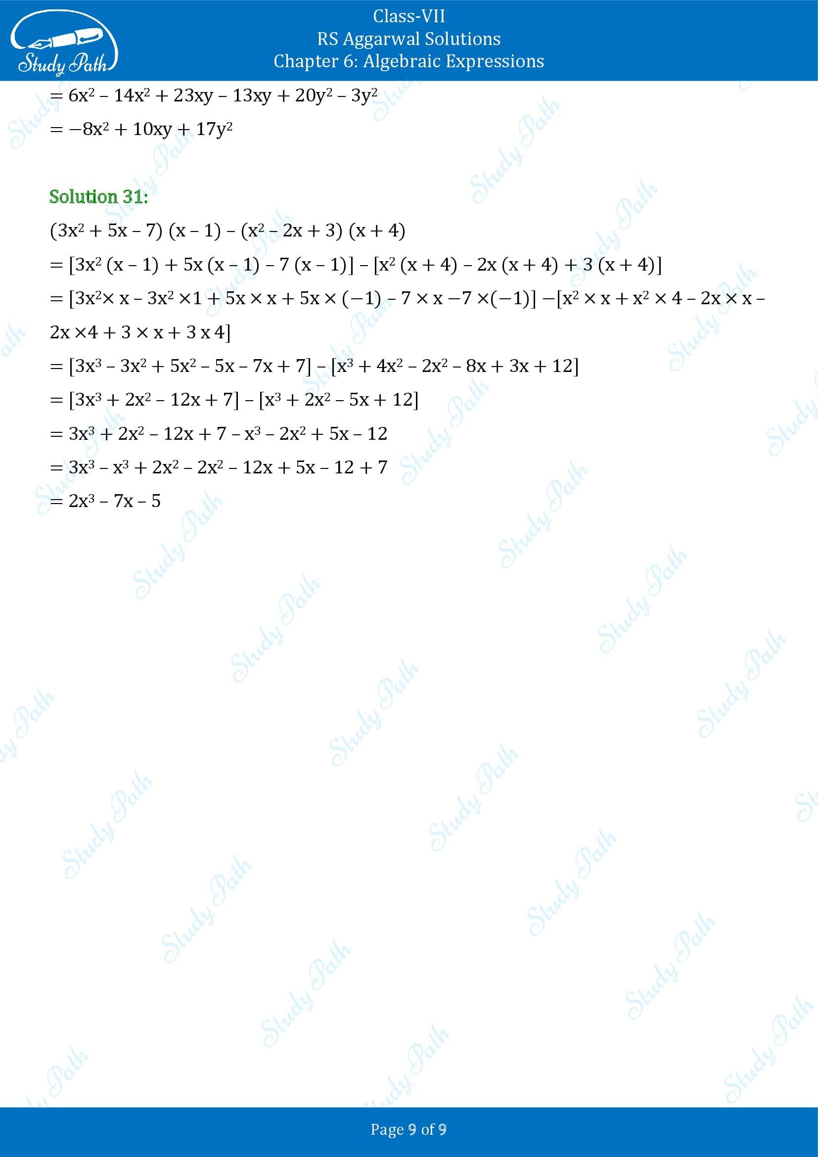 RS Aggarwal Solutions Class 7 Exercise 6D Chapter 6 Algebraic Expressions