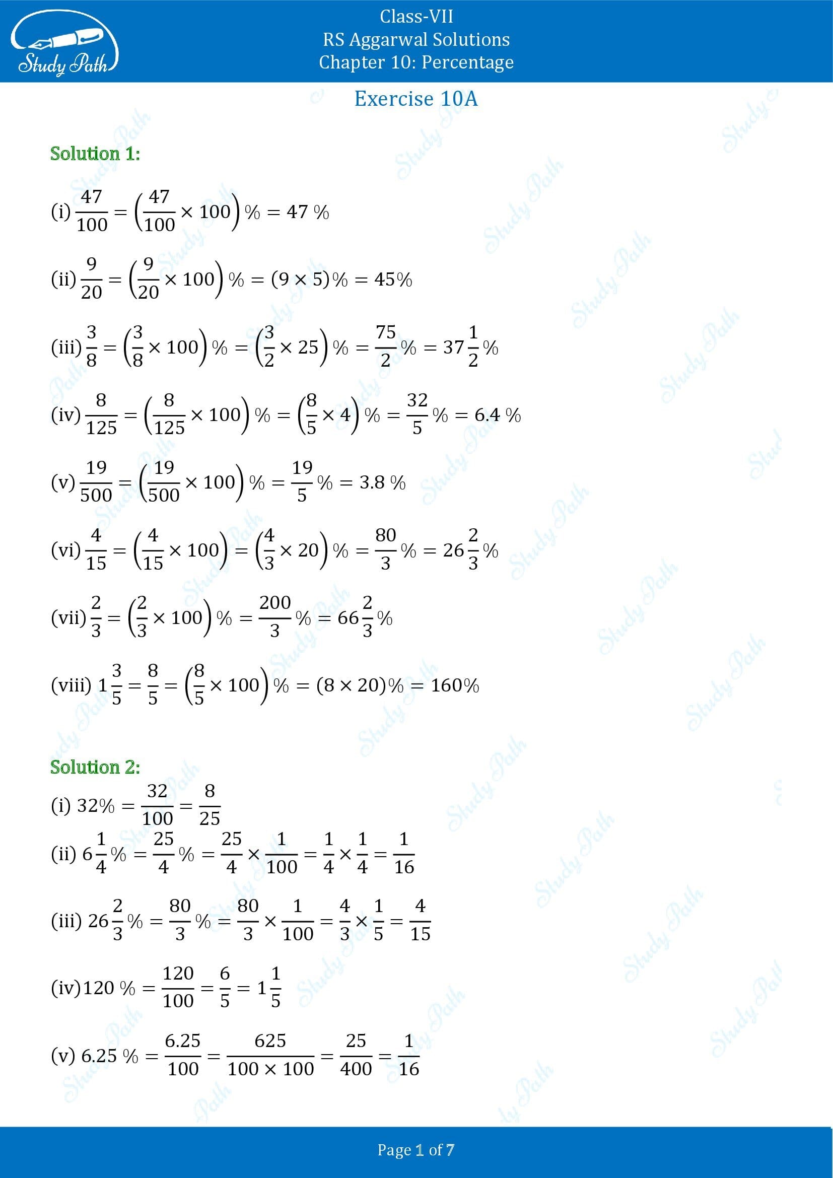 RS Aggarwal Solutions Class 7 Exercise 10A Chapter 10 Percentage