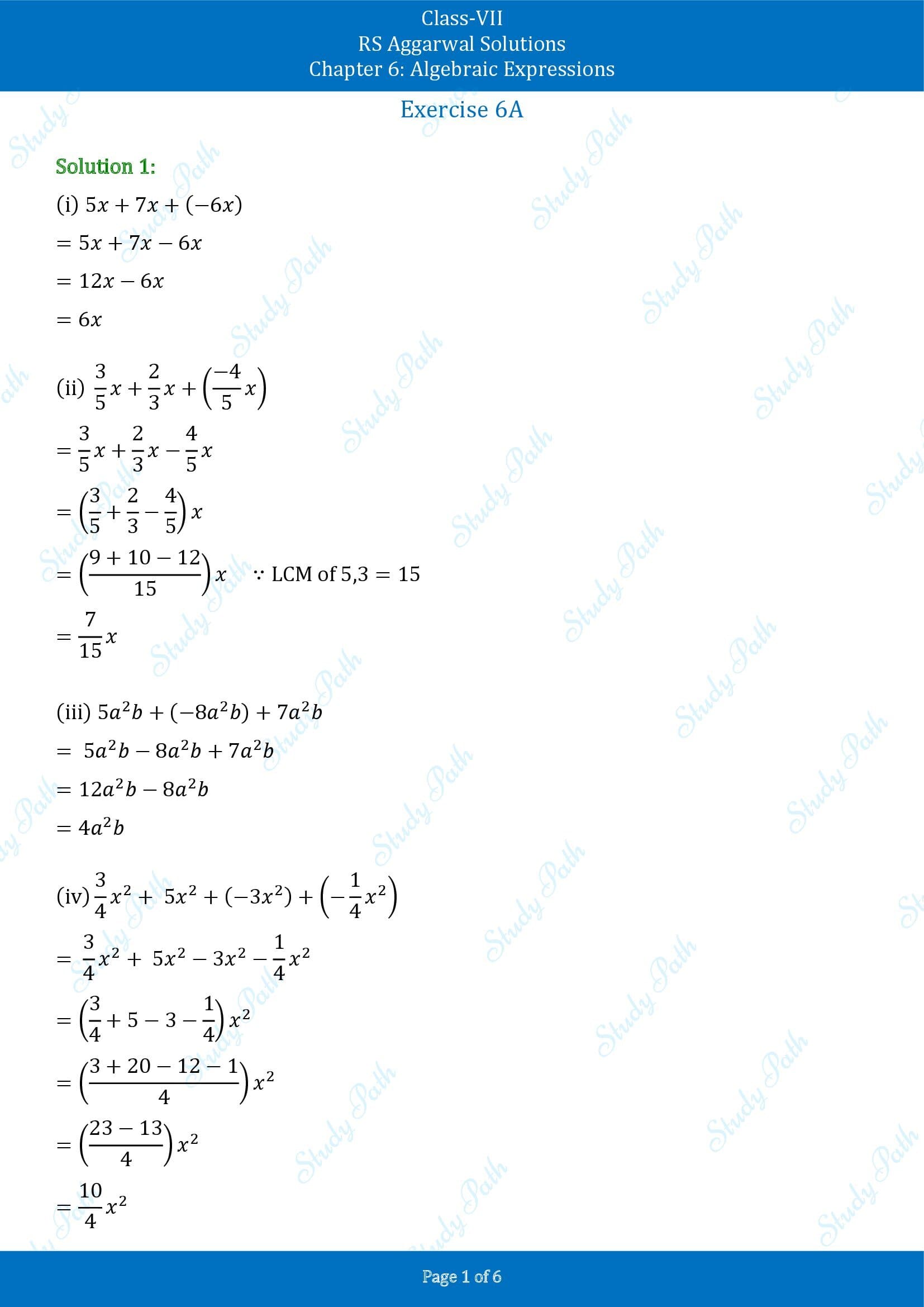 RS Aggarwal Solutions Class 7 Exercise 6A Chapter 6 Algebraic Expressions RS Aggarwal Solutions Class 7 Exercise 6A Chapter 6 Algebraic Expressions
