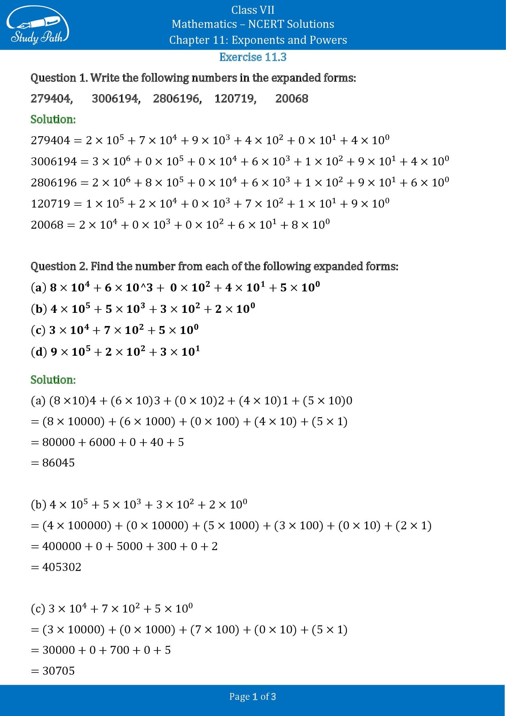NCERT Solutions For Class 7 Maths Chapter 11 Exercise 11 3 Exponents NCERT Solutions For Class 7 Maths Chapter 11 Exercise 11 3 Exponents