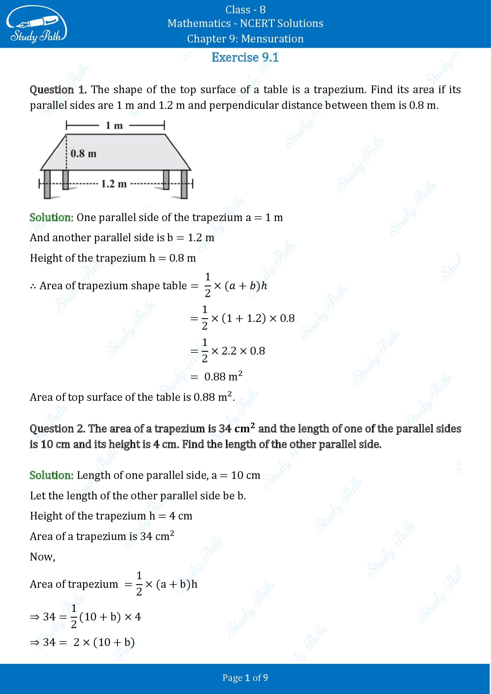 NCERT Solutions For Class 8 Maths Chapter 9 Exercise 9 1 Mensuration NCERT Solutions For Class 8 Maths Chapter 9 Exercise 9 1 Mensuration