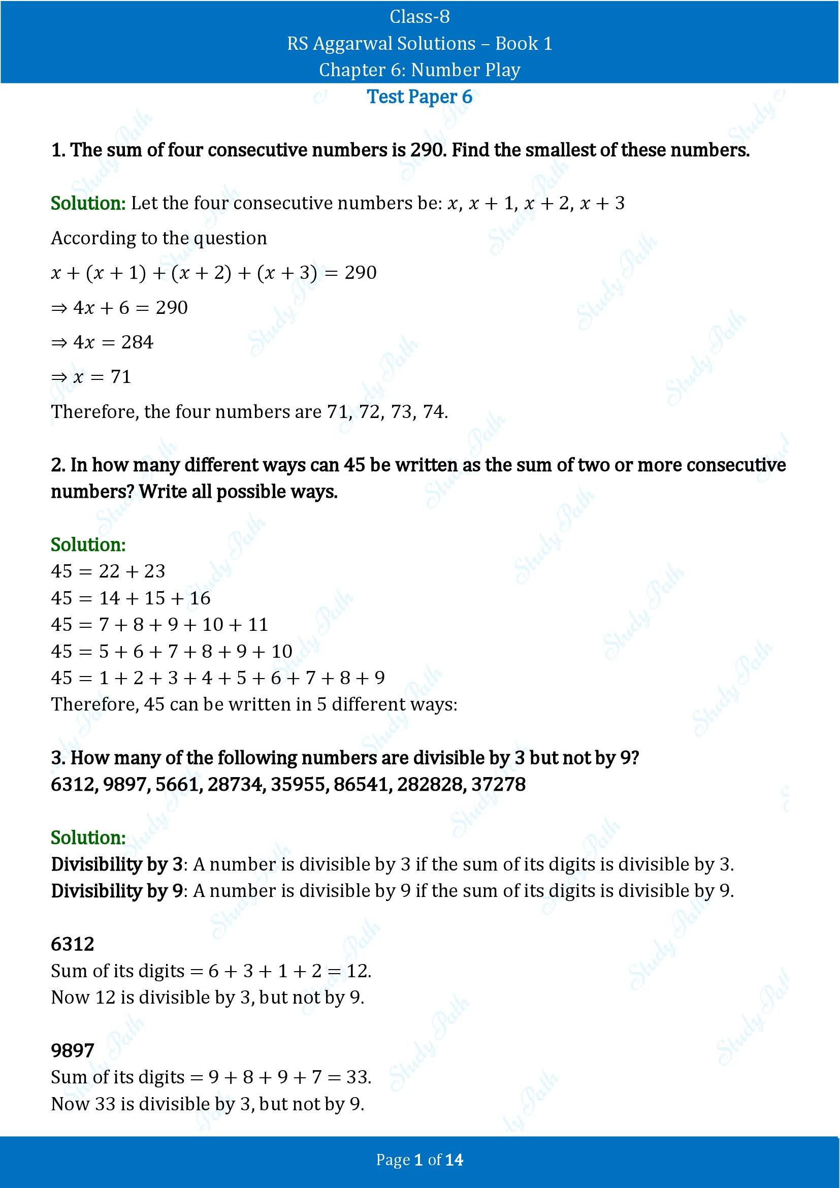 RS Aggarwal Solutions Class 8 Book 1 Test Paper 6 Chapter 6 Number Play ...